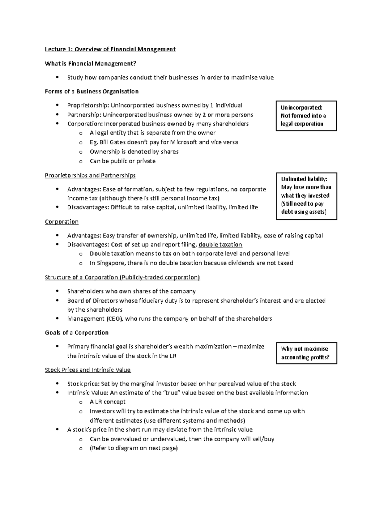 AB1201 Seniors Notes - Lecture 1: Overview of Financial Management What ...