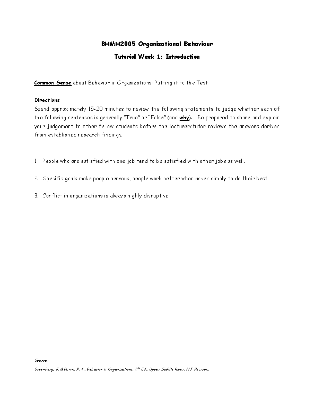 BHMH2005 - Week-1 Tutorial - BHMH2005 Organisational Behaviour Tutorial Week 1: Introduction ...