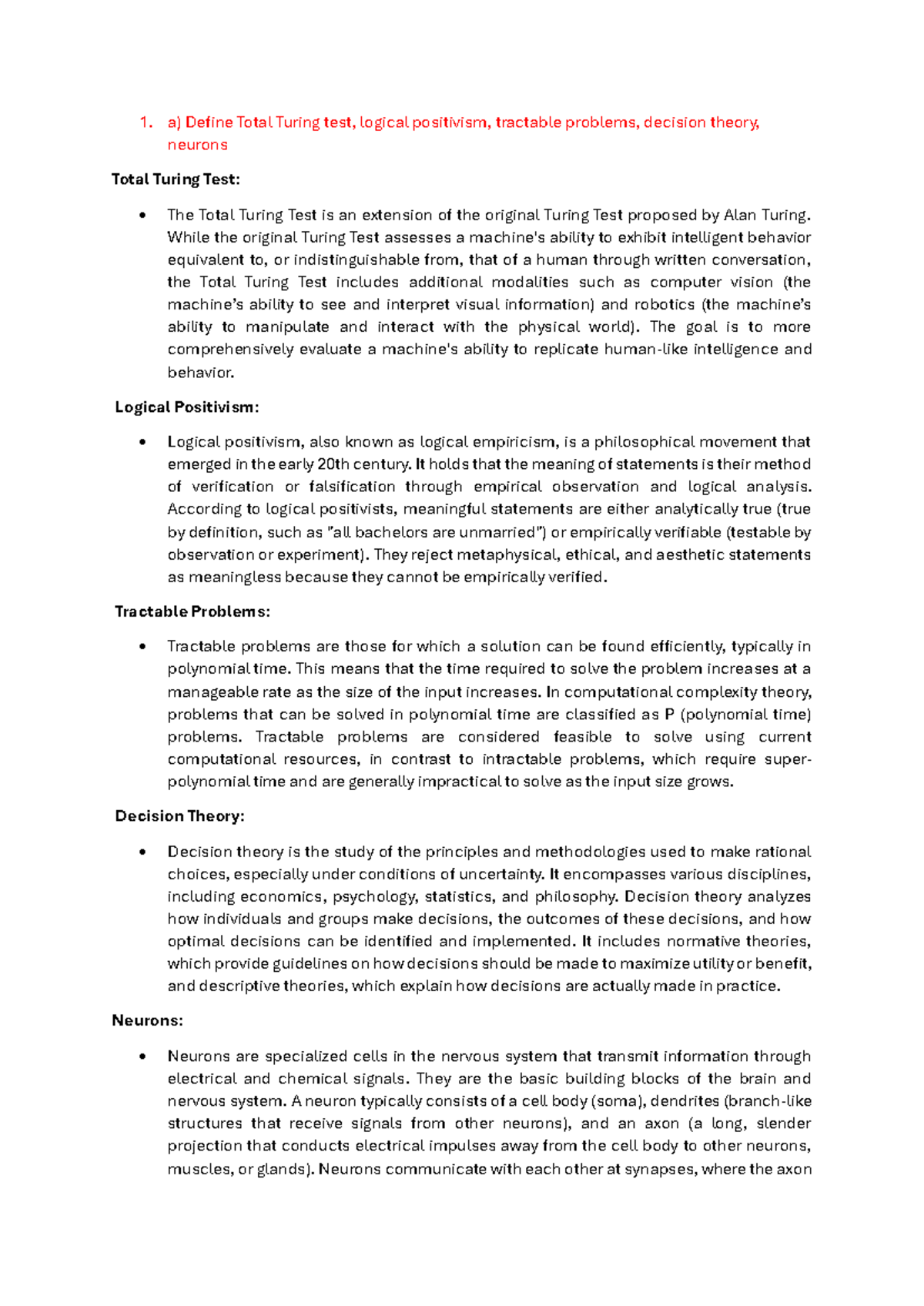 AI MQP Solutions 2 - Notes - a) Define Total Turing test, logical ...