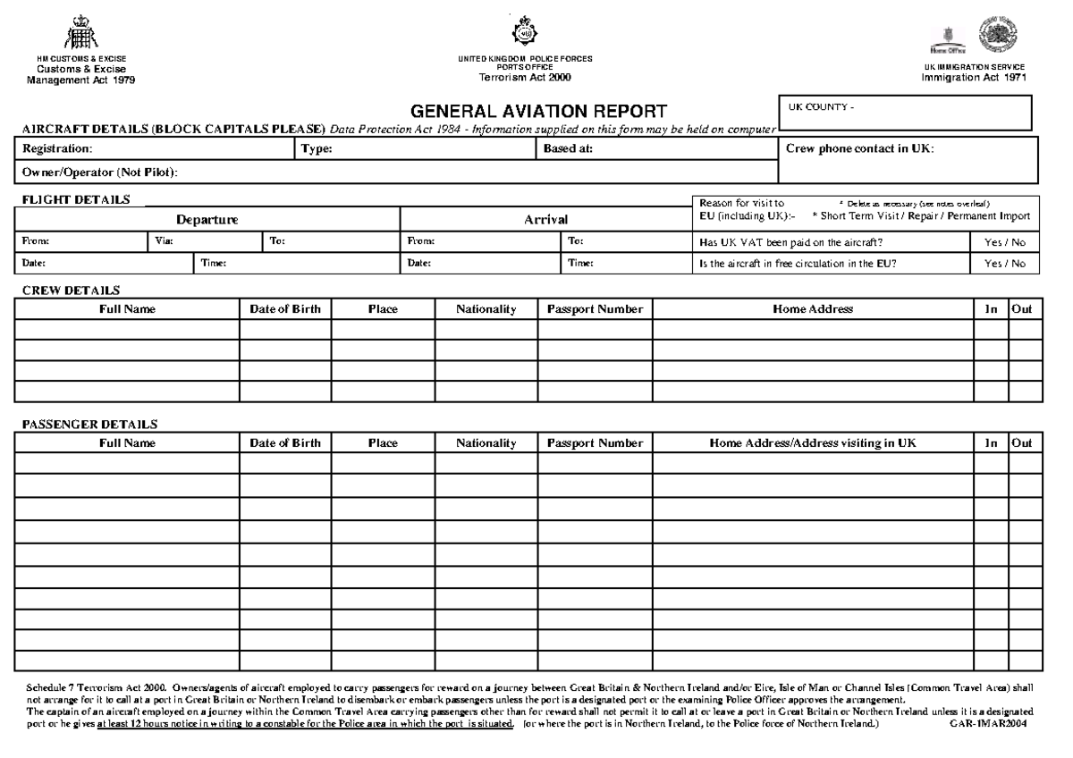 GAR Flight Notfication Template - HM CUSTOMS & EXCISE Customs & Excise ...