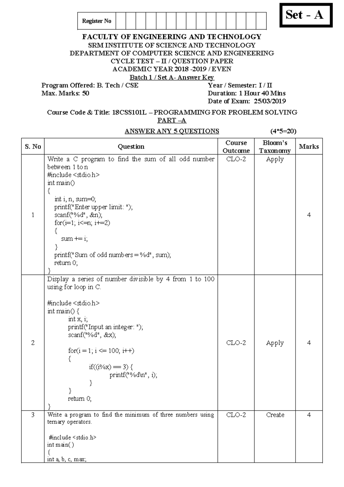 Ct Ii Set A Answer Key Register No Faculty Of Engineering And Technology Srm Institute Of