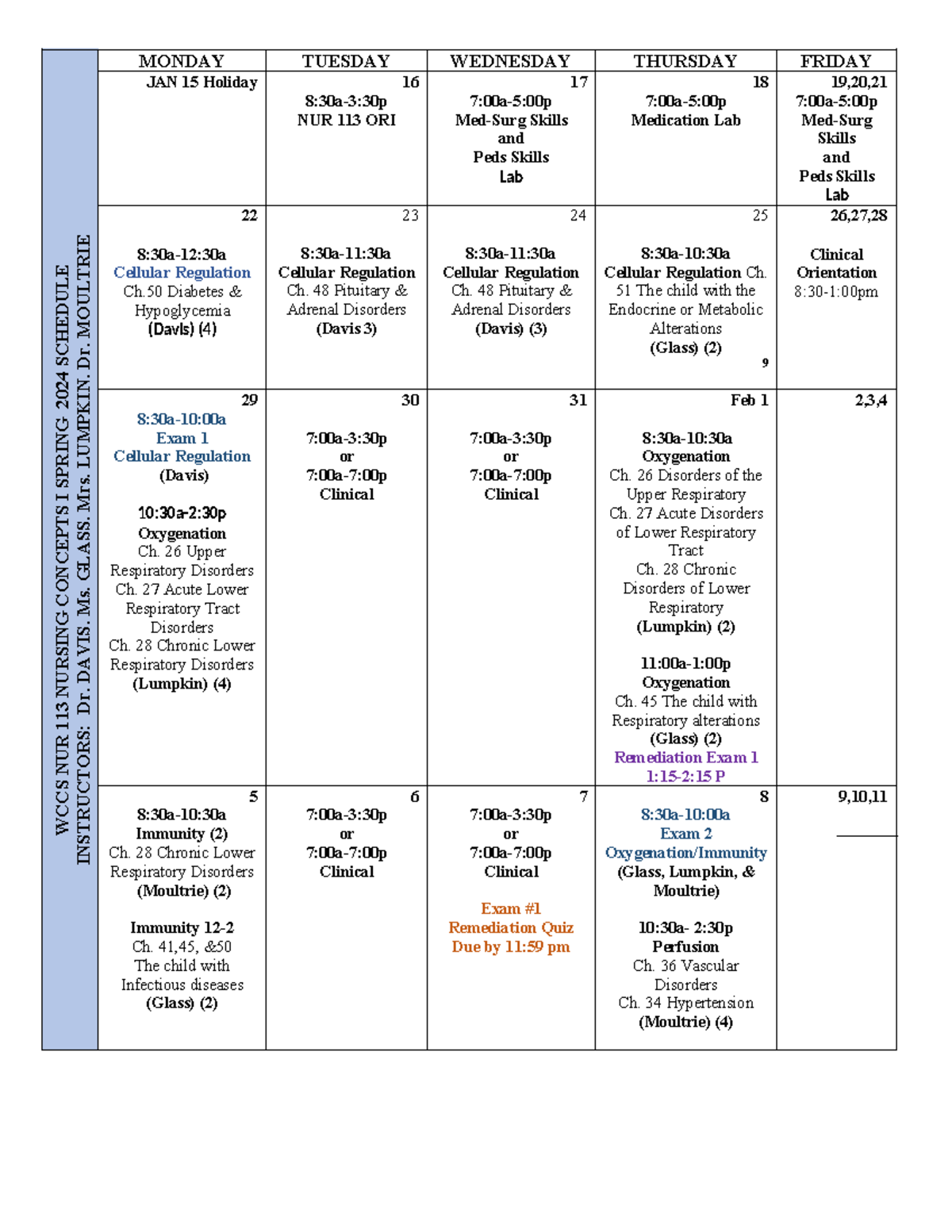 Nursing 113 schedule - Jsms - WCCS NUR 113 NURSING CONCEPTS I SPRING ...