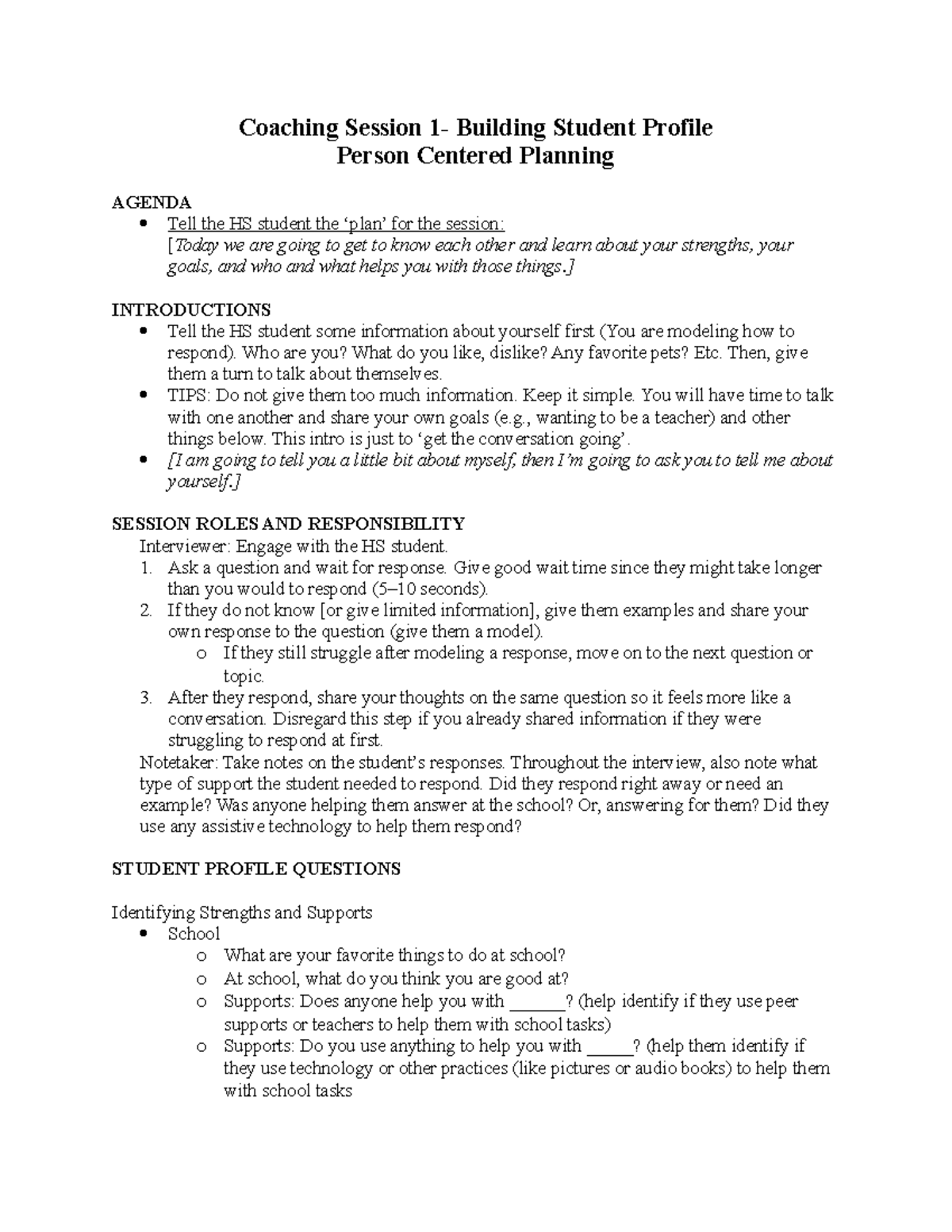 Coaching Session #1- Building Student Profile Instructions and ...