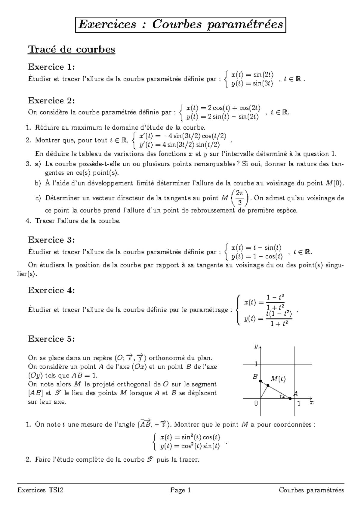 Chapitre 8 Fonctions vectorielles et courbes paramétrées Exercices - Exercices : Courbes param ...