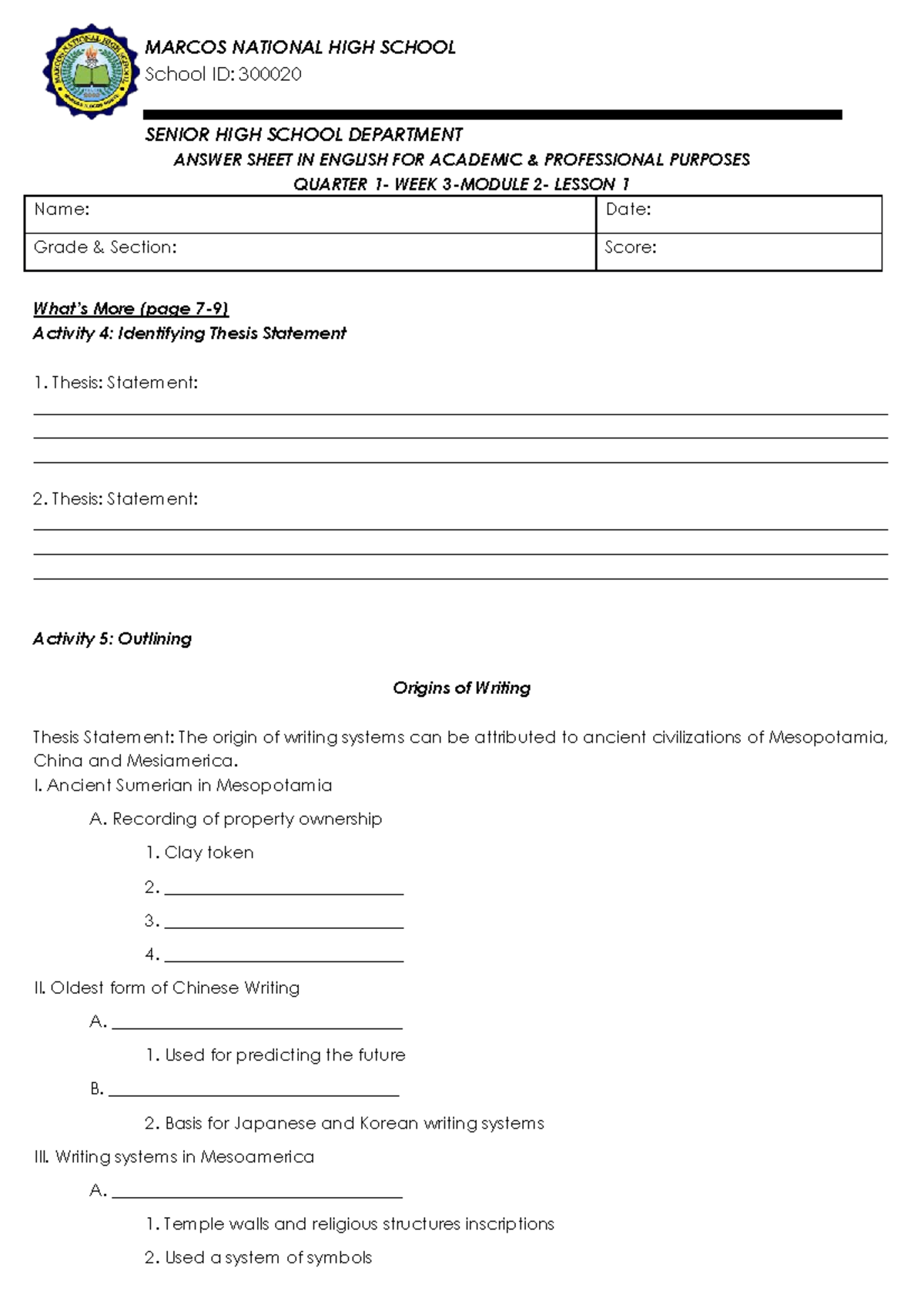 Learners Answer Sheet - Lecture notes 7 - MARCOS NATIONAL HIGH SCHOOL ...