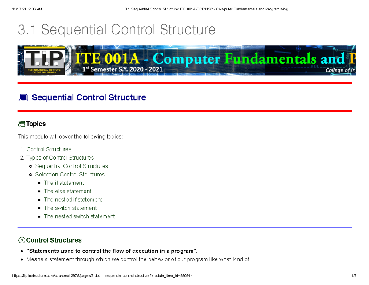 MITRC 042L1-3.1 Sequential Control Structure - Computer Programming - TIP - Studocu