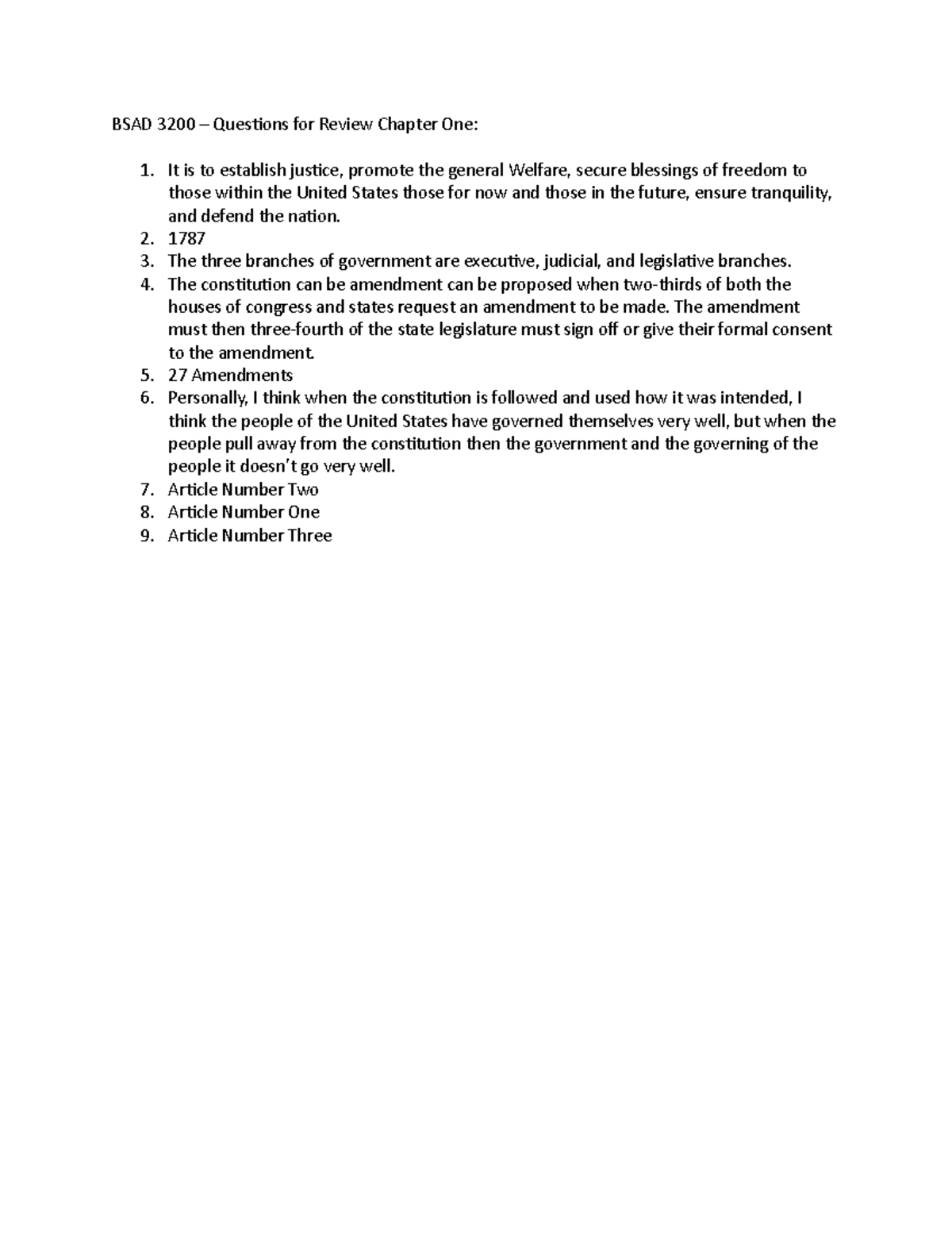 BSAD 3200 - Questions for Review Chapter One - 1787 The three branches ...