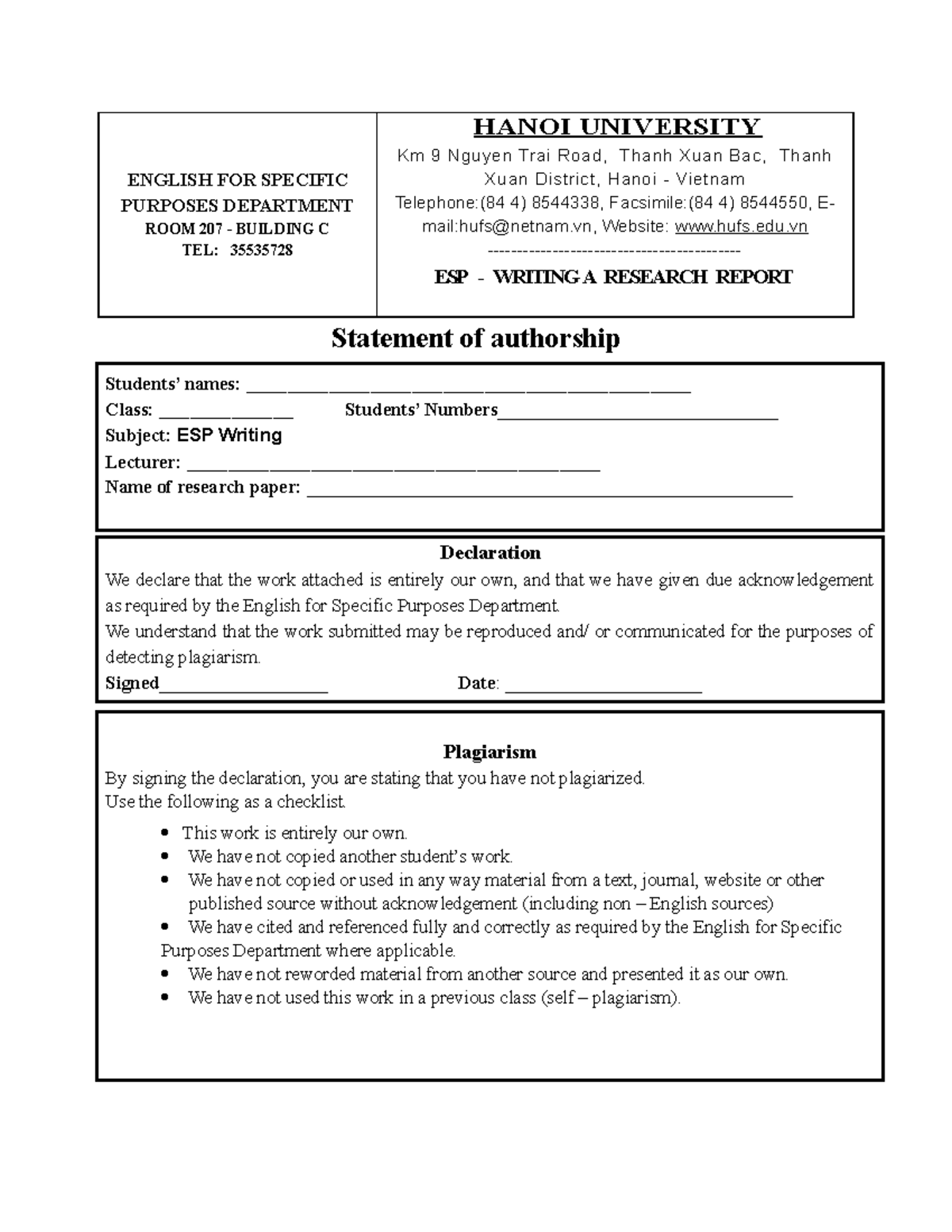 Cover page for ESP Writing - ENGLISH FOR SPECIFIC PURPOSES DEPARTMENT ...