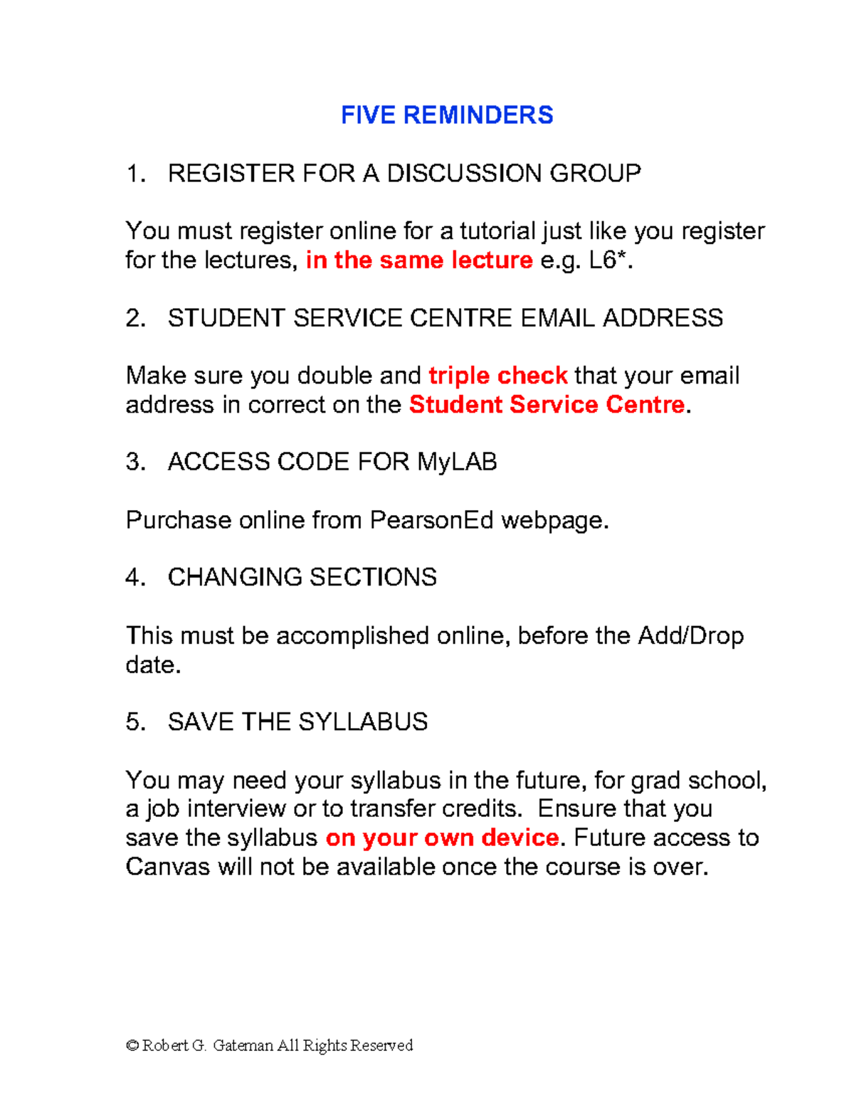 Five Reminders Sep22 - © Robert G. Gateman All Rights Reserved FIVE ...