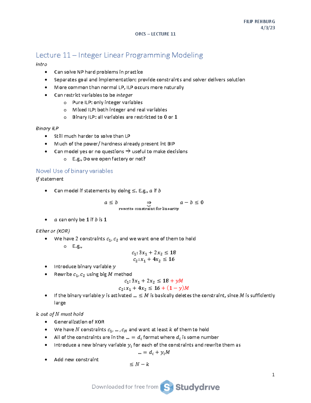 Lecture 11 - Filip Rehburg - FILIP REHBURG 4/3/ ORCS – LECTURE 11 1 Lecture 11 – Integer Linear ...