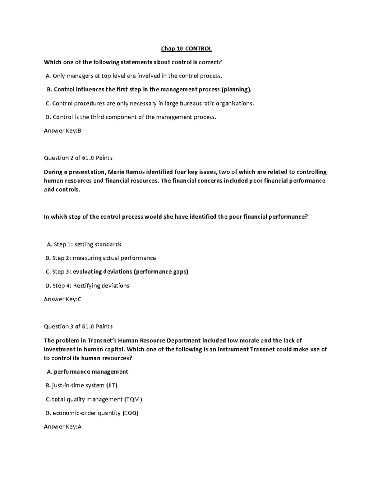 Important WITH Answers - Chap 10 CONTROL Which one of the following ...