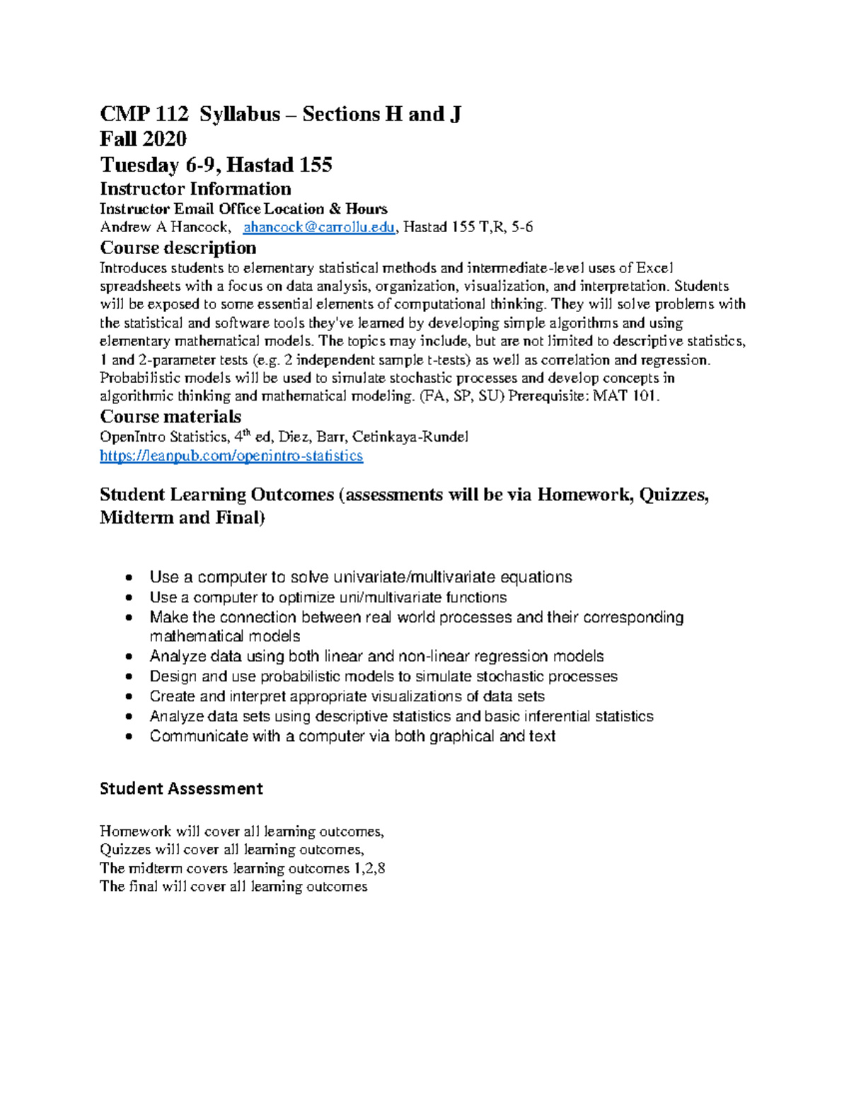 CMP 112 H - Hancock, A - CMP 112 Syllabus – Sections H and J Fall 2020 ...