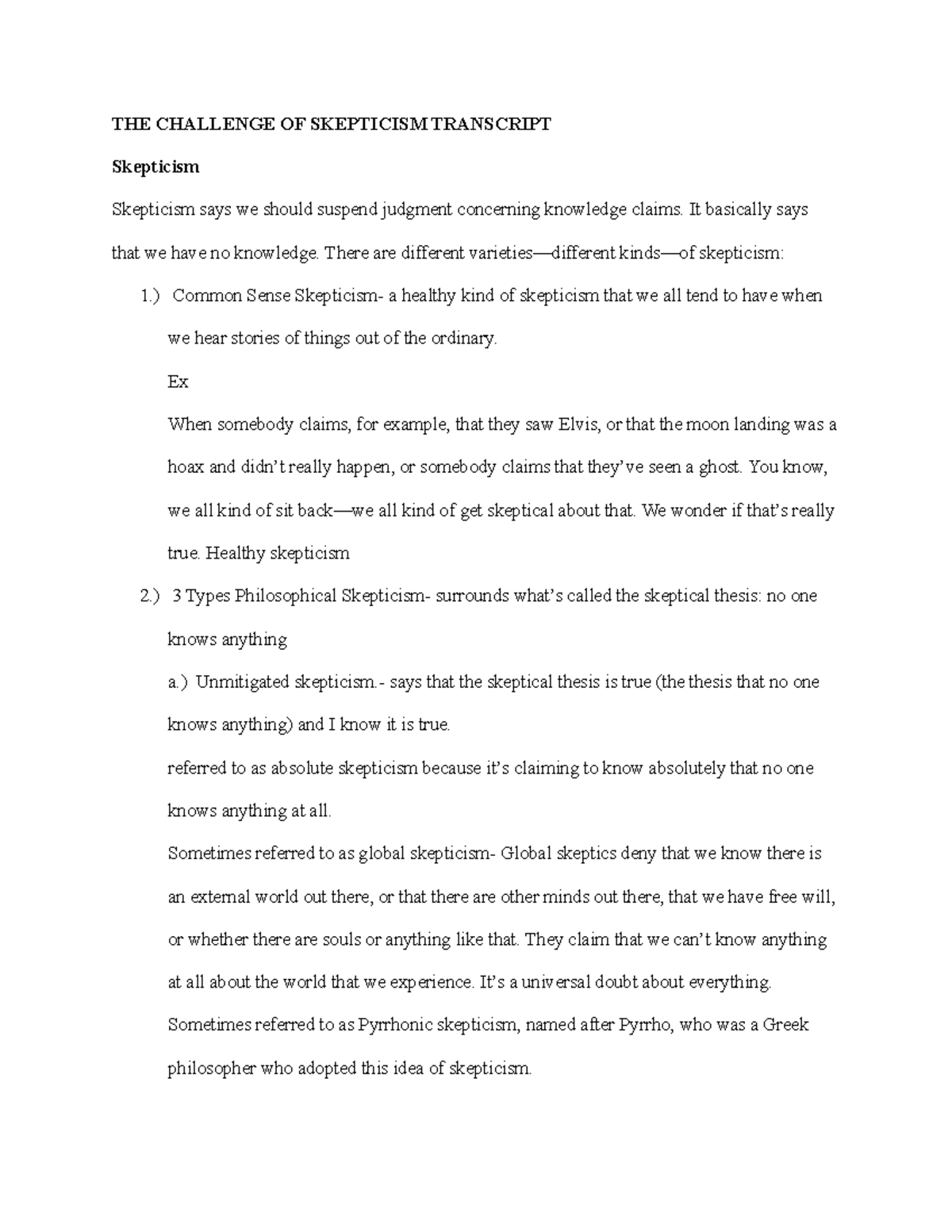PHIL 201 Lesson 7 The Challenge of Skepticism - THE CHALLENGE OF ...