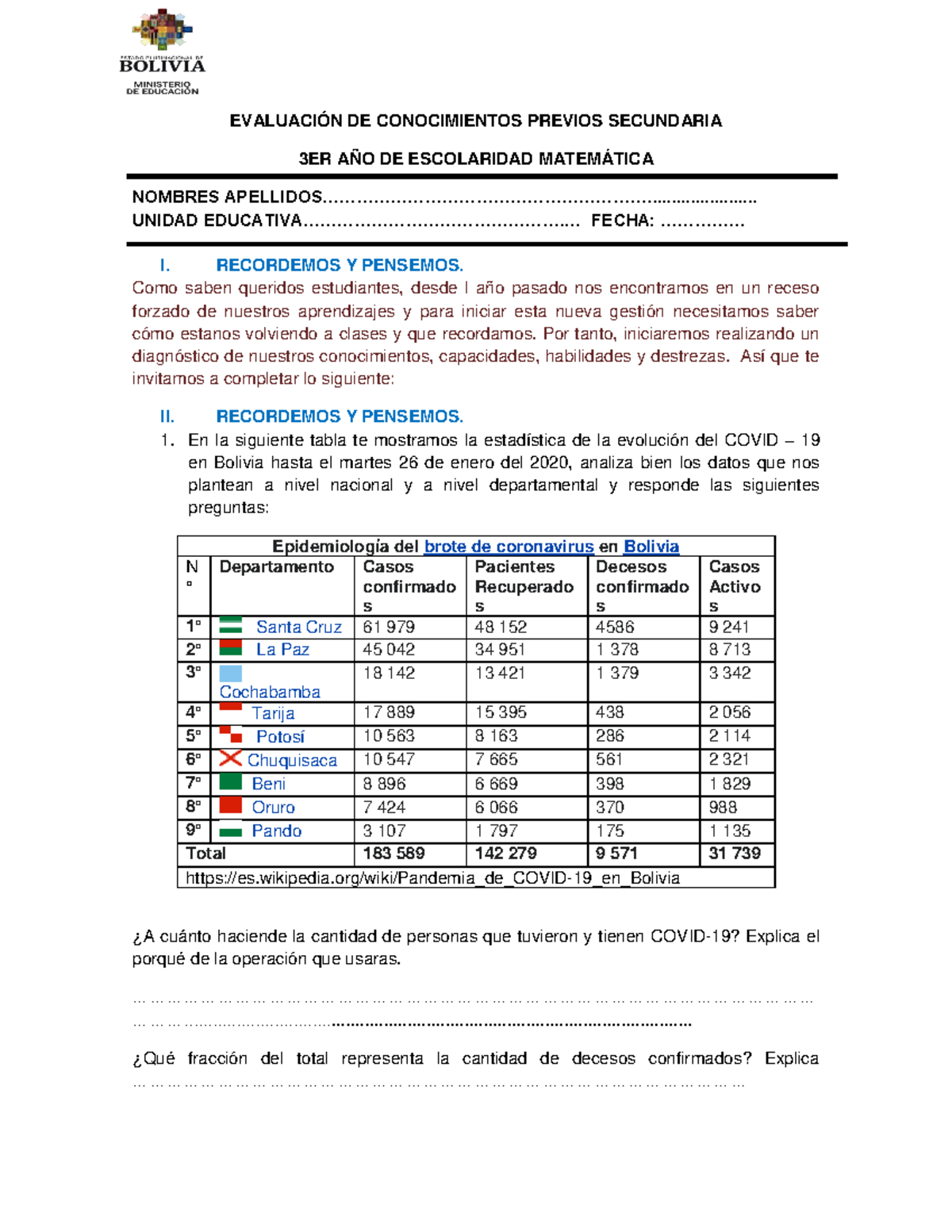 3RO Matemática - hjhkk - EVALUACIÓN DE CONOCIMIENTOS PREVIOS SECUNDARIA ...