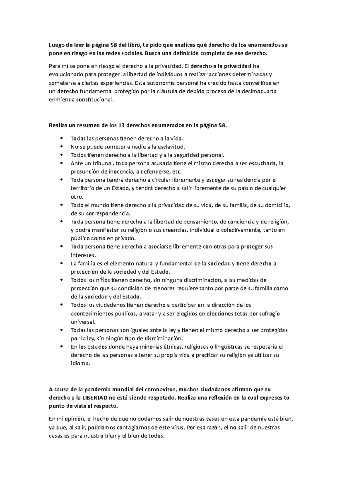 Los DD.HH de primera generacion - Luego de leer la página 58 del libro ...