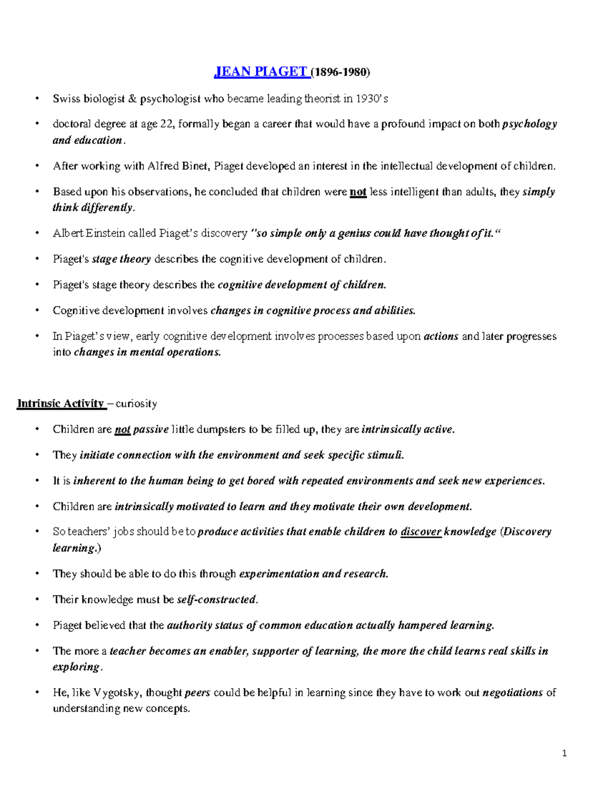 H11-Piagets Cognitive Stage theory - JEAN PIAGET (1896-1980) Swiss ...