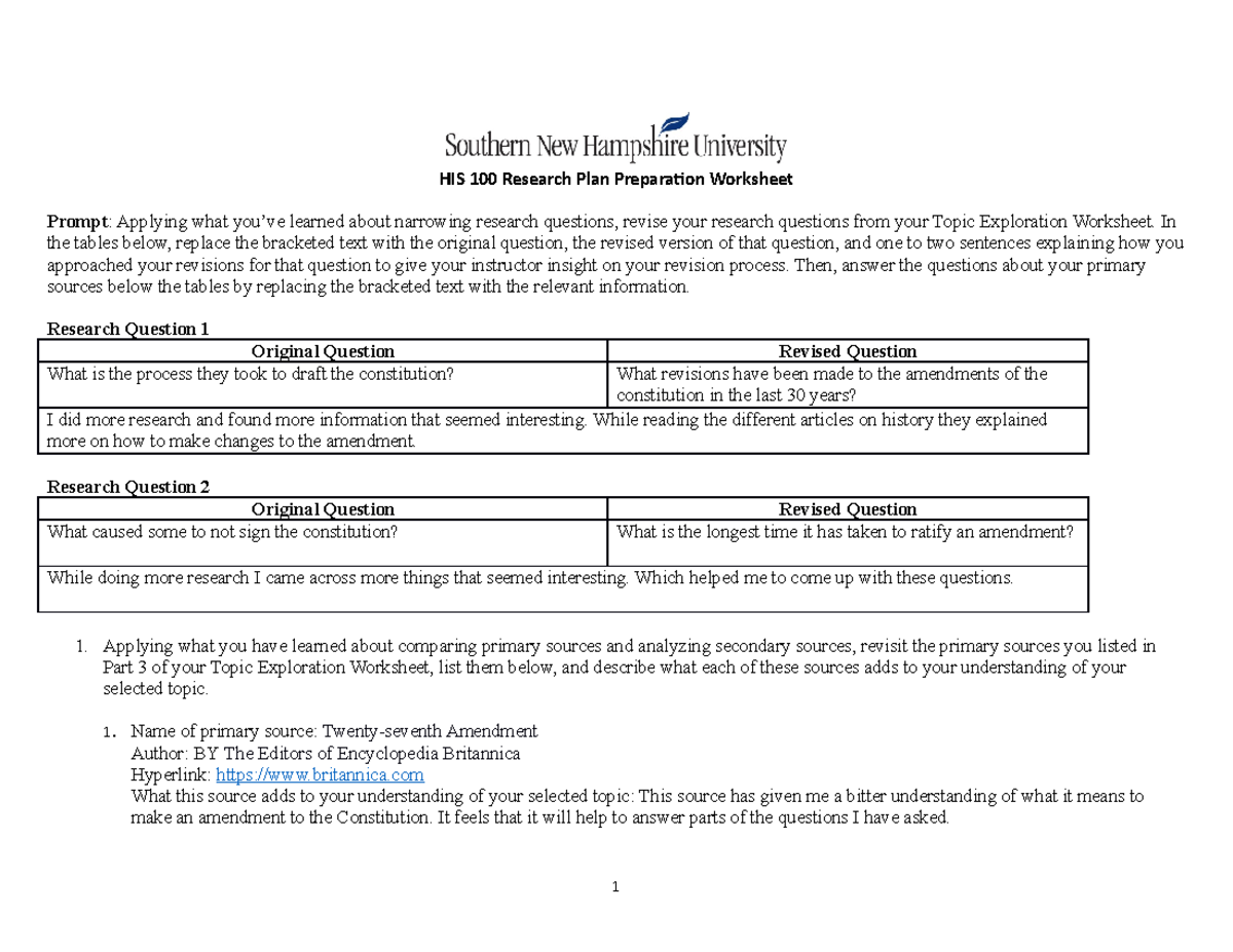 HIS 100 Research Plan Preparation Worksheet - HIS 100 Research Plan ...