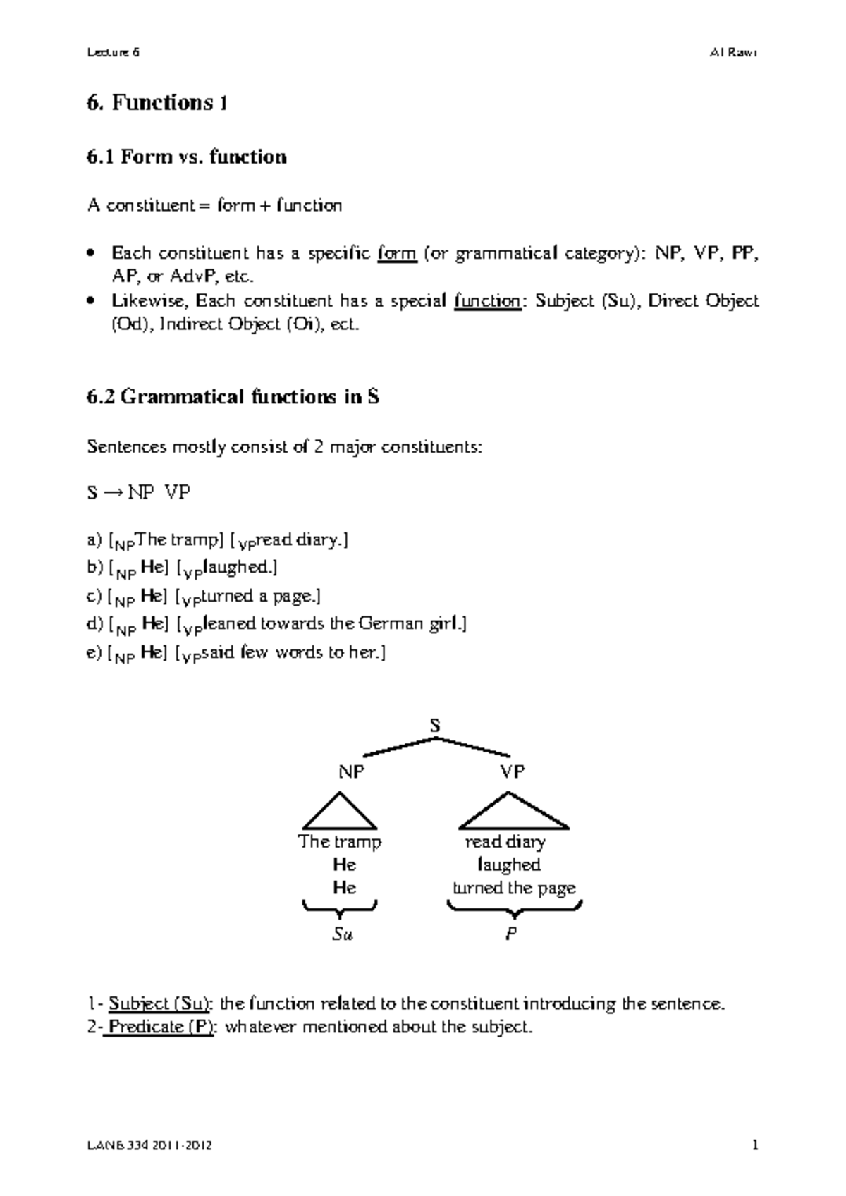 Syn Lecture-6 - 6. Functions 1 6 Form vs. function A constituent = form + function Each - Studocu