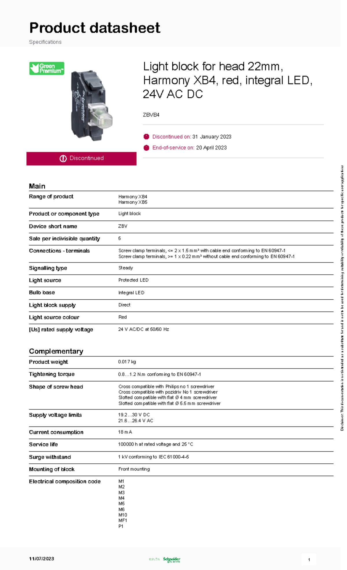 Harmony XB4 ZBVB4 - Sensor Specs - ####### Specifications Discontinued Light block for head 22mm ...