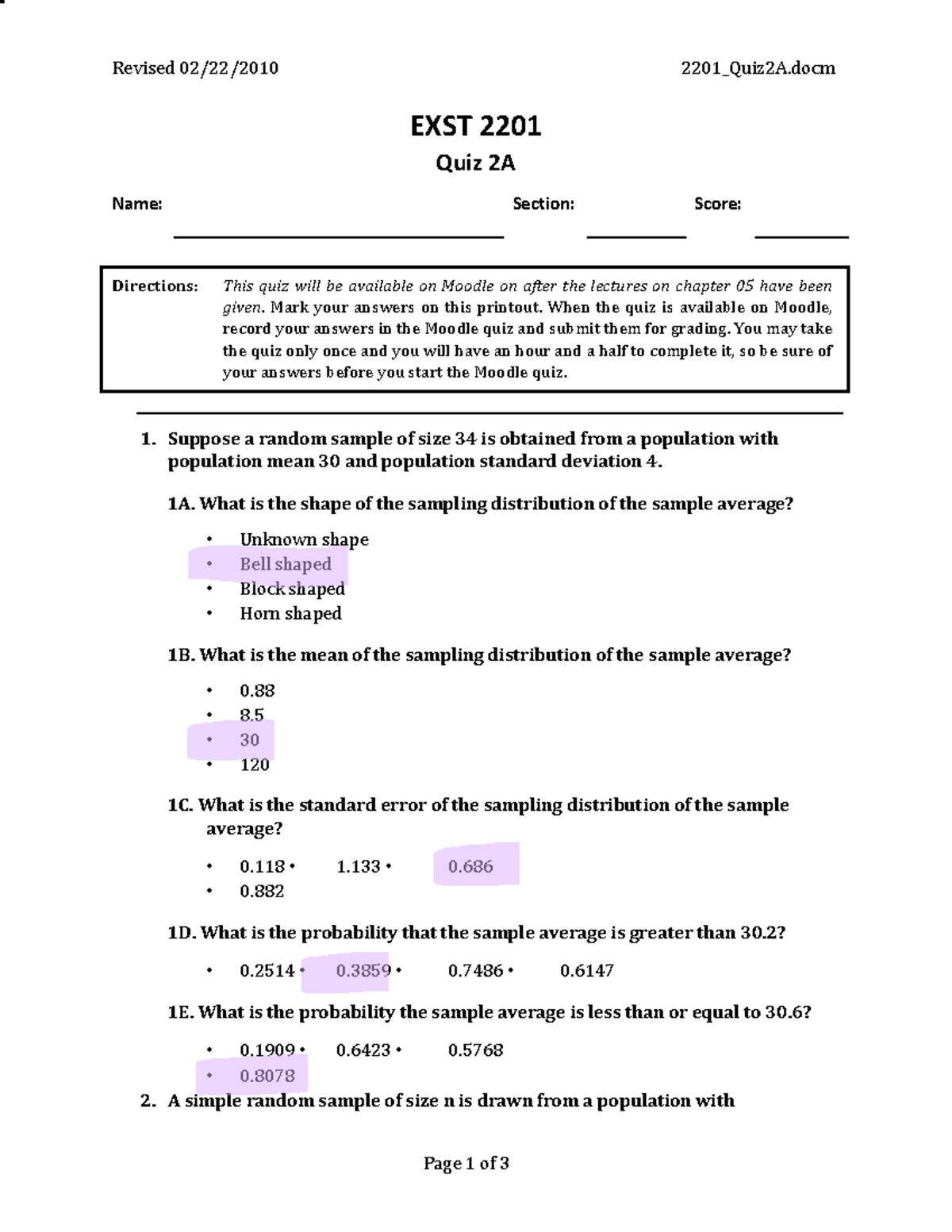 EXST 2201 Quiz 2A - Revised 02/22/2010 2201_Quiz2A Page 1 of 3 EXST ...