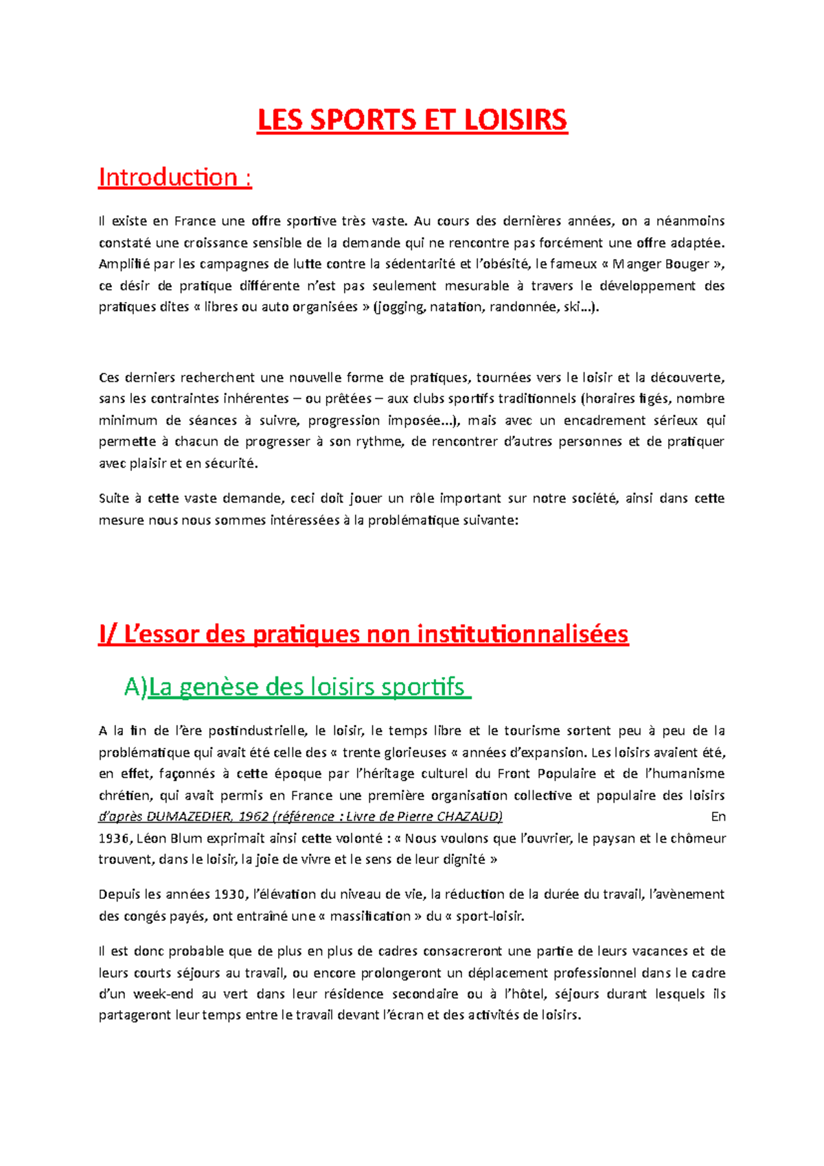 LES Sports ET Loisirs - Notes de cours 1 - LES SPORTS ET LOISIRS ...