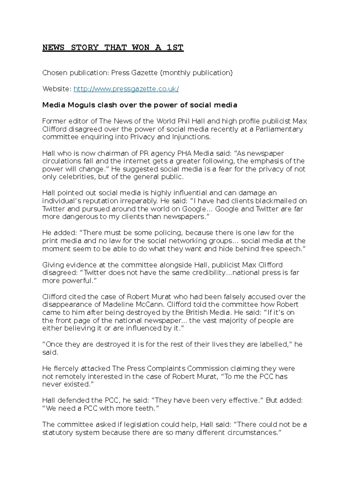 News story that won a 1st - another example - NEWS STORY THAT WON A 1ST ...