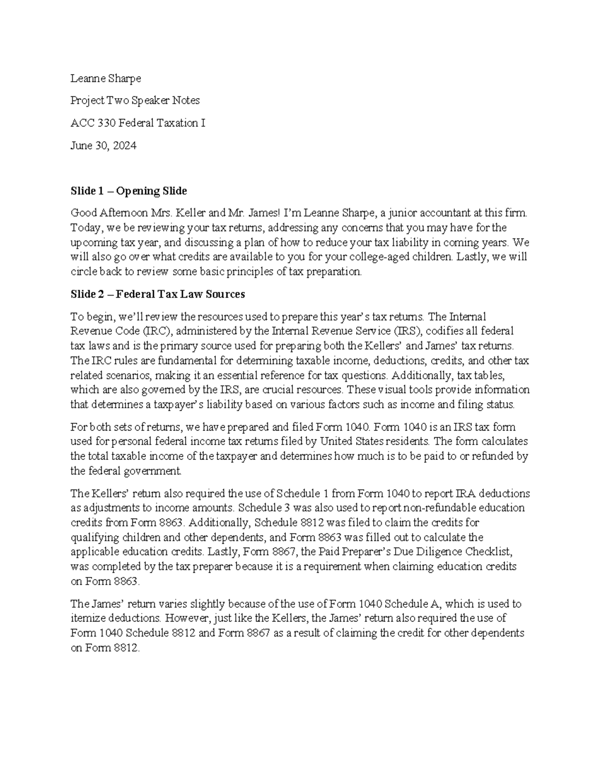 ACC 330 Project Two Speaker Notes - Leanne Sharpe Project Two Speaker ...