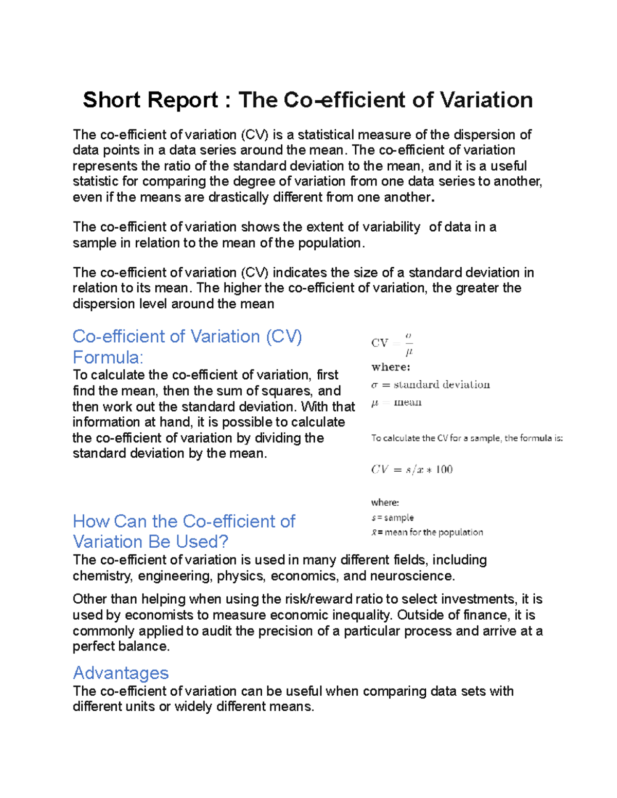 The Co Efficient Of Variation The Co Efficient Of Variation