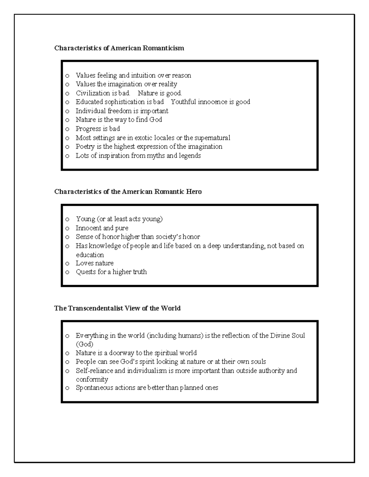 American Romantic Notes Handout MEG 06: American Literature ...