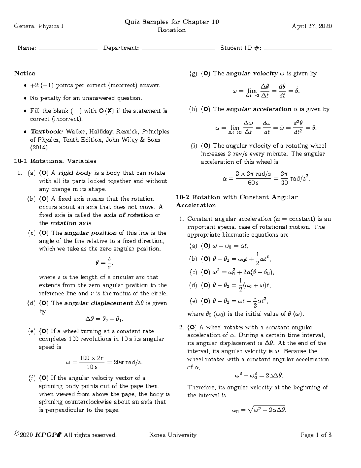 CH 10 Exercise 2020 General Physics - Rotation Name: Department ...