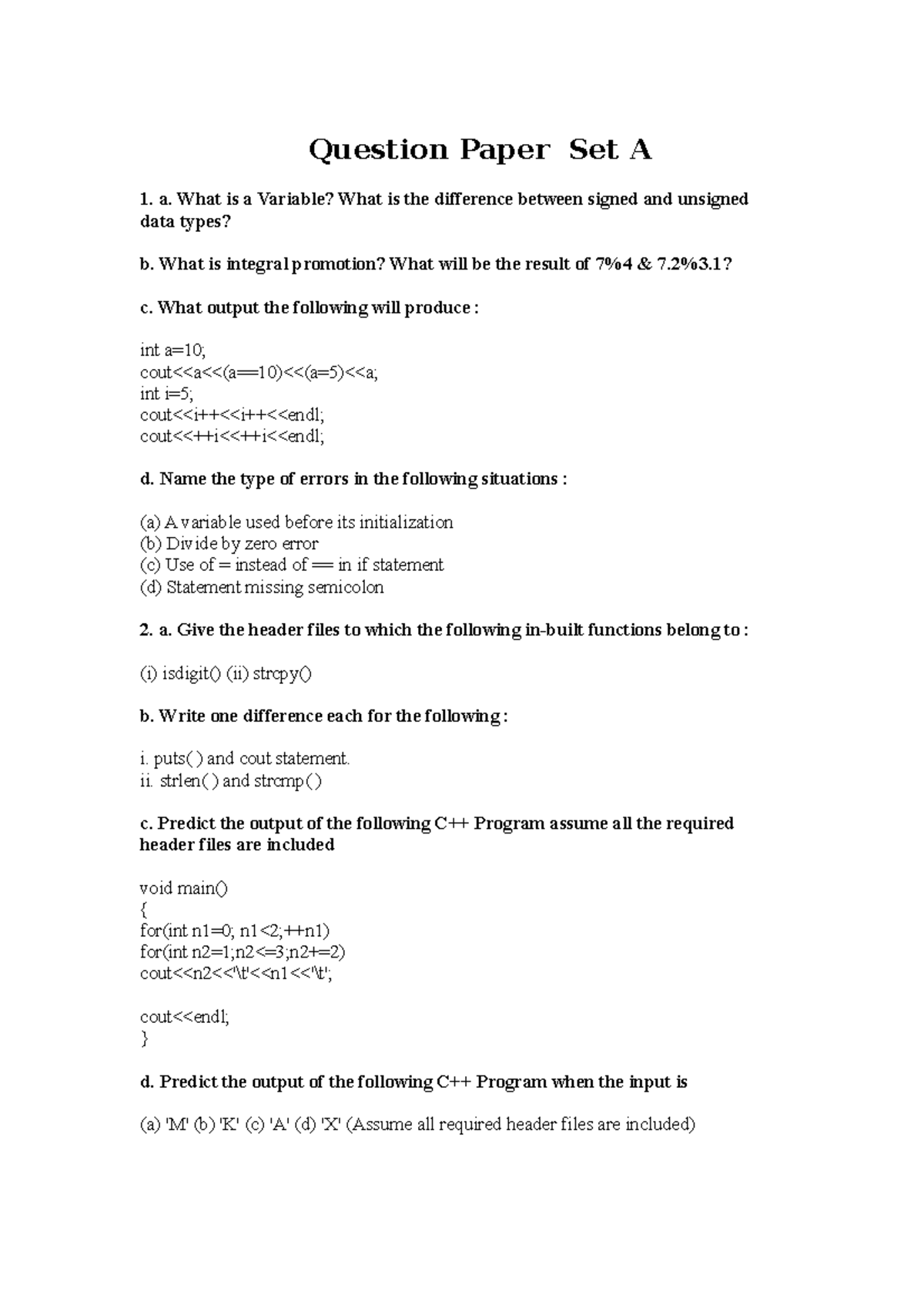 Solved Question Paper Se - Question Paper Set A a. What is a Variable ...