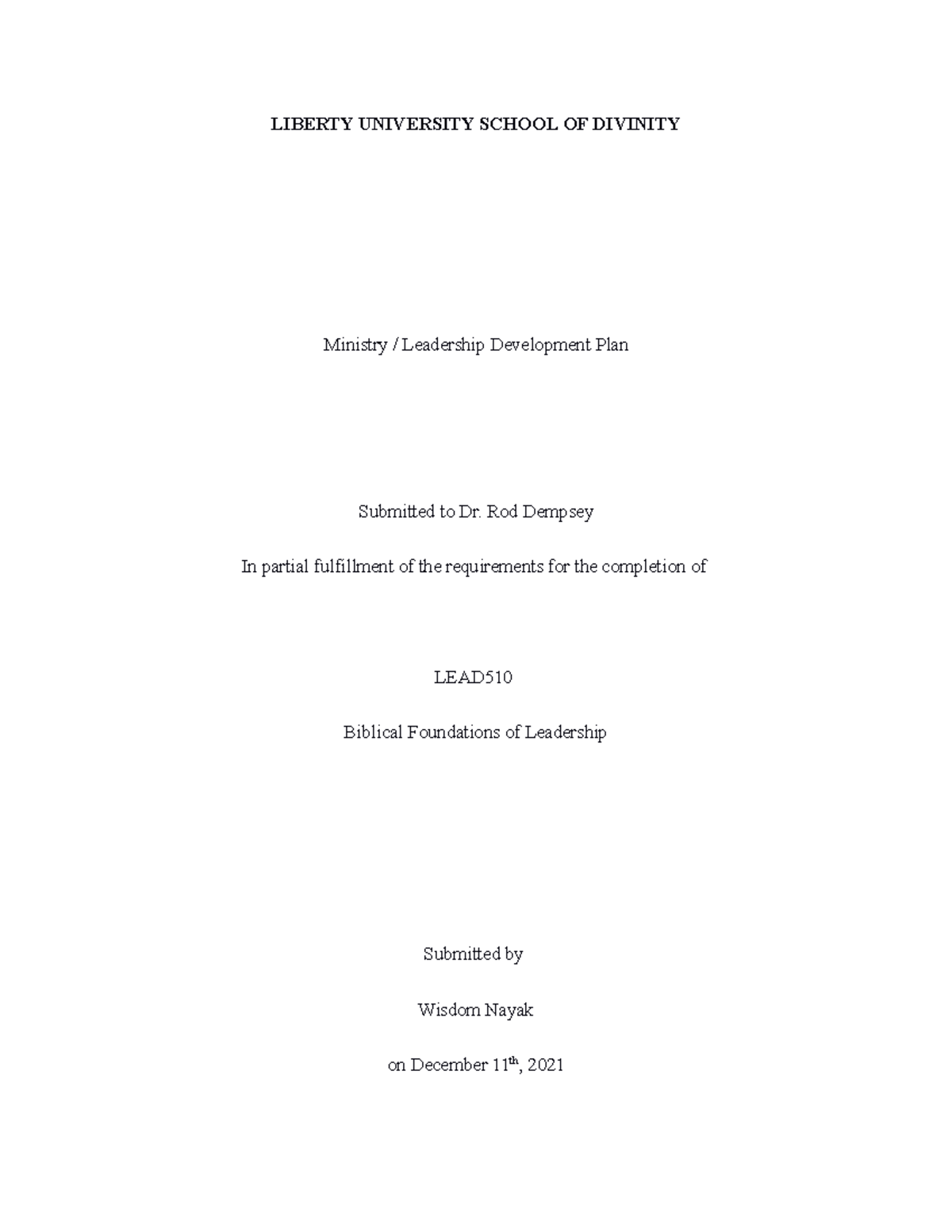 LEAD510 Leadership Development Plan in Church Planting - LIBERTY ...