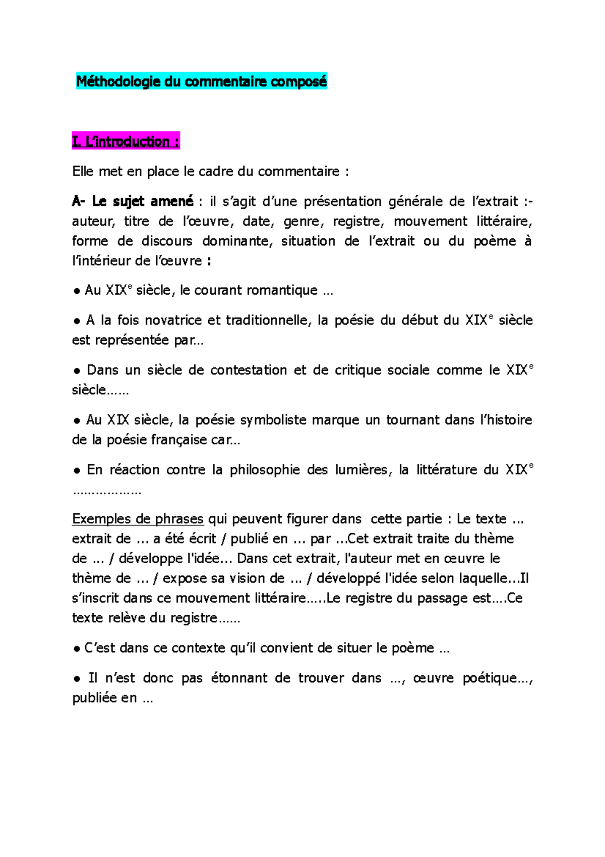 Méthodologie du commentaire composé - L’introduction : Elle met en ...