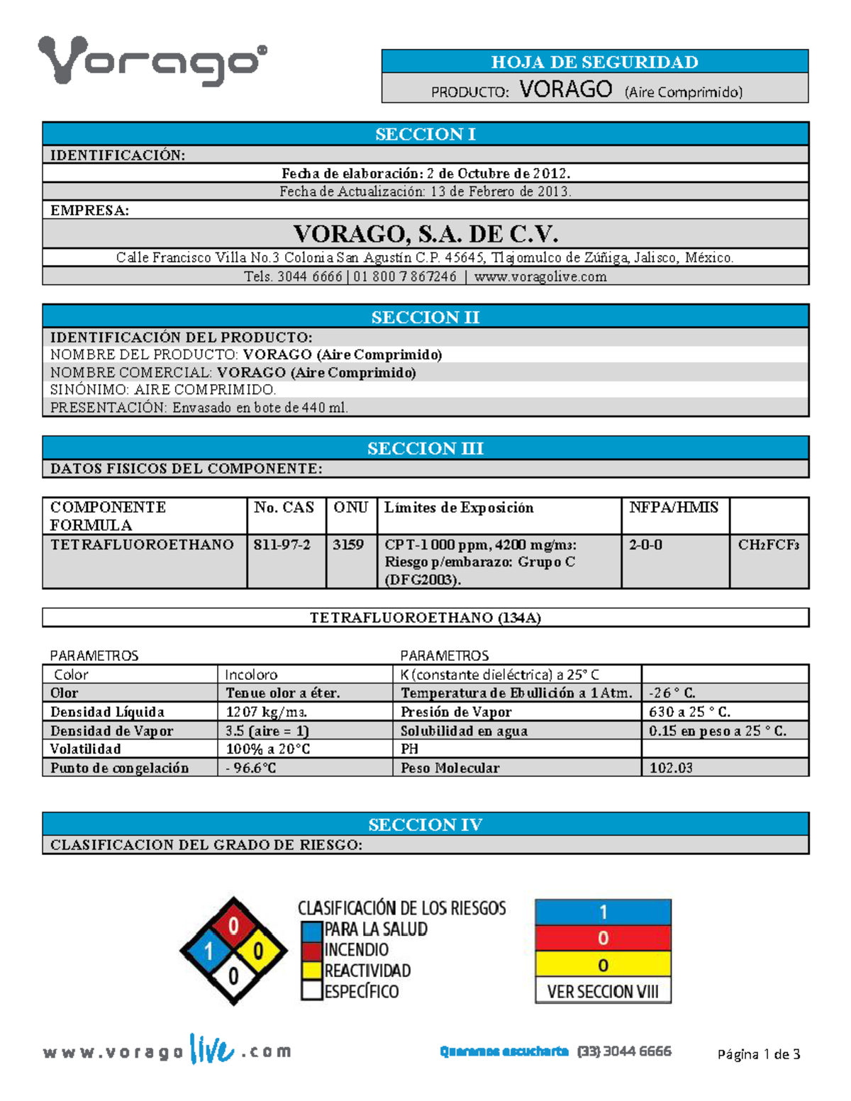 Hoja de Seguridad Aire comprimido Vorago - HOJA DE SEGURIDAD PRODUCTO ...