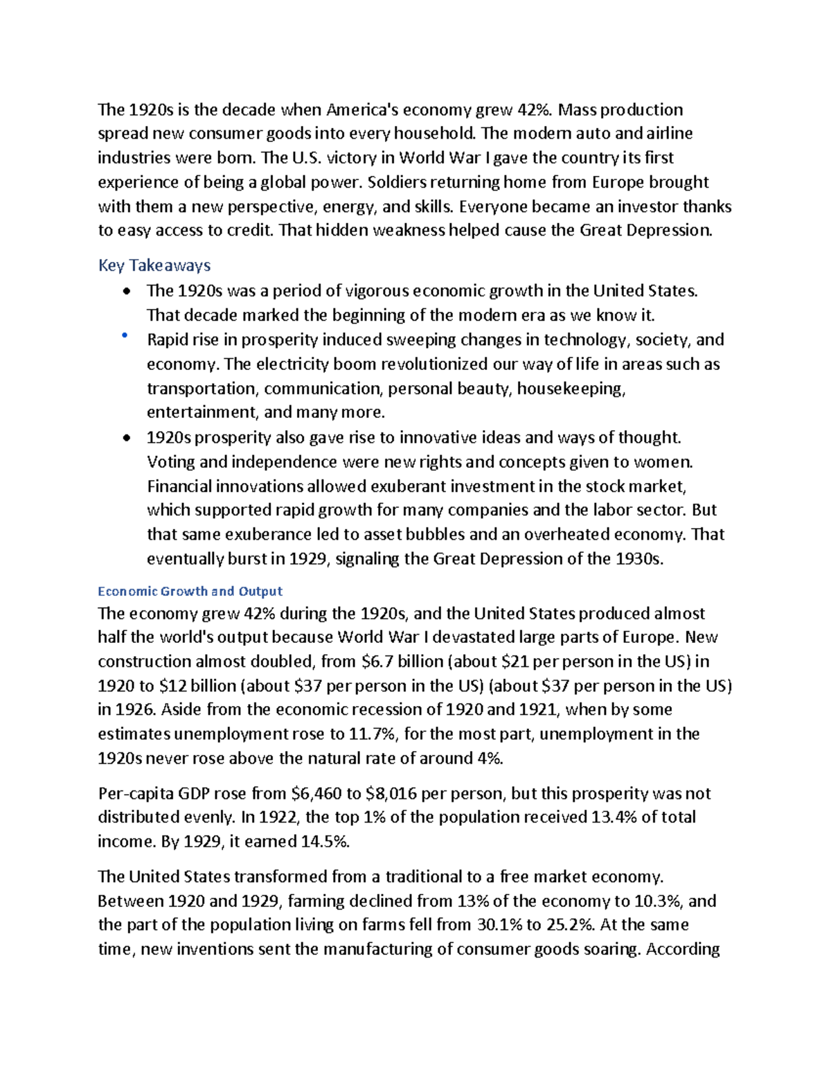 1920's economy - Notes - The 1920s is the decade when America's economy ...