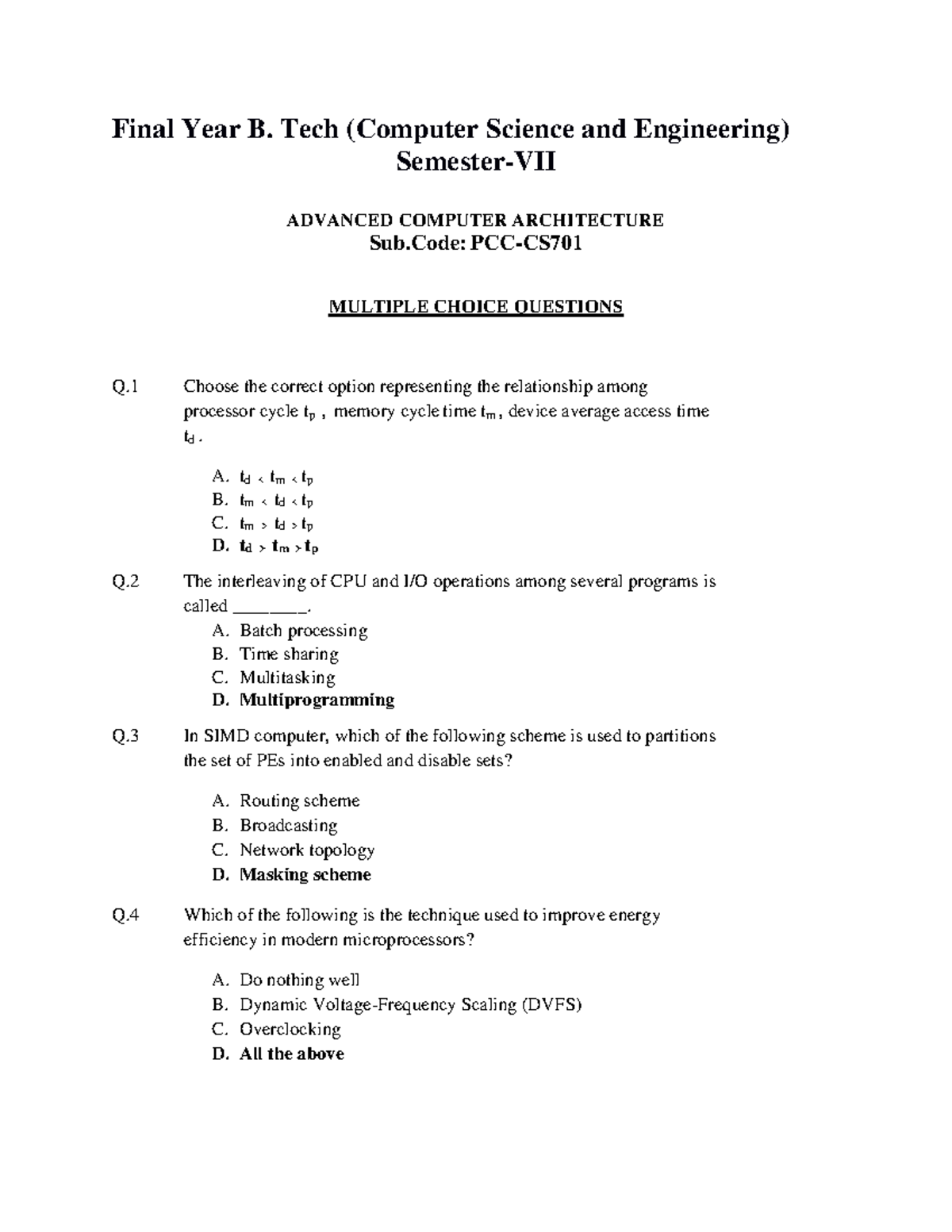 ACA MCQ - Final Year B. Tech (Computer Science and Engineering) Semester-VII ADVANCED COMPUTER ...