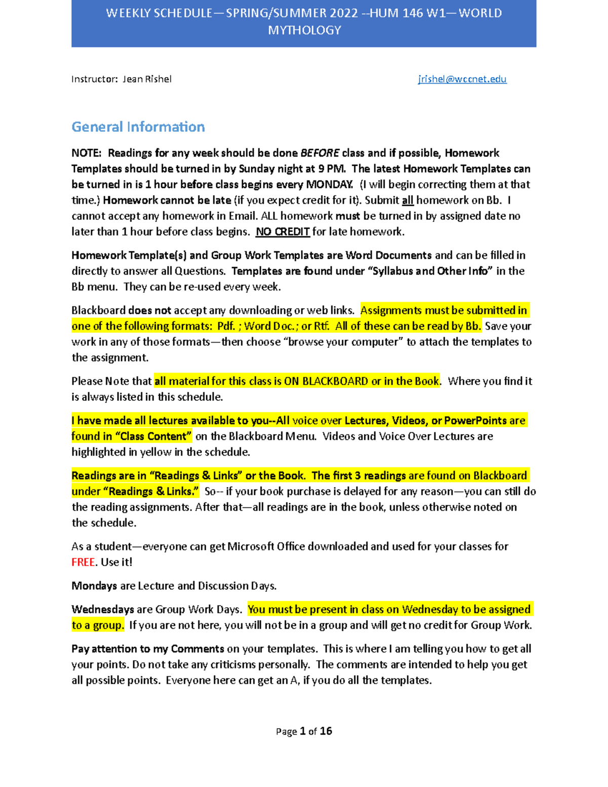 12 Week HUM 146 W1 Mythology Spring-Summer Schedule 2022 - Instructor ...