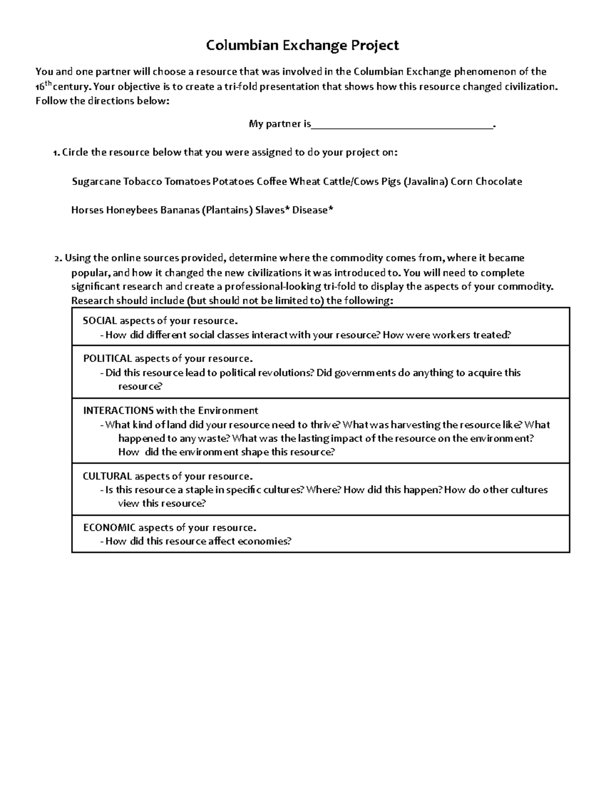 Columbian Exchange Project - Your objective is to create a tri-fold ...