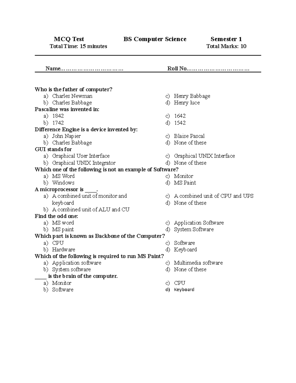 MCQ based Test BSCS 1 - MCQ Test BS Computer Science Semester 1 Total ...