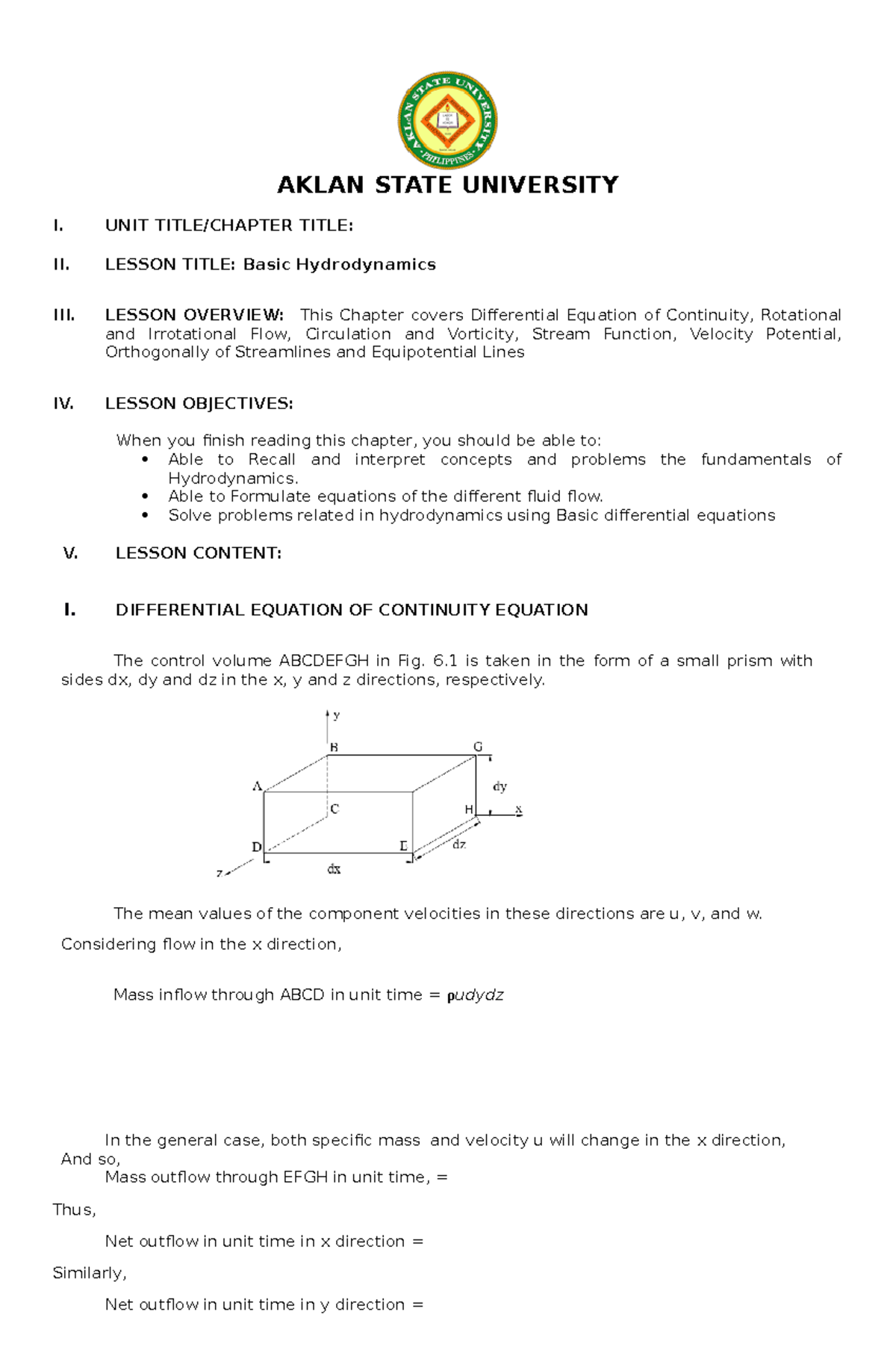 Fluid Mechanics(Basic Hydrodynamics ) - AKLAN STATE UNIVERSITY I. UNIT ...