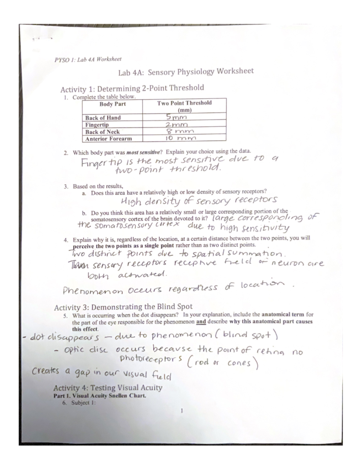 Lab 4A Sensory Physiology Worksheet - PYSO 1 - Studocu