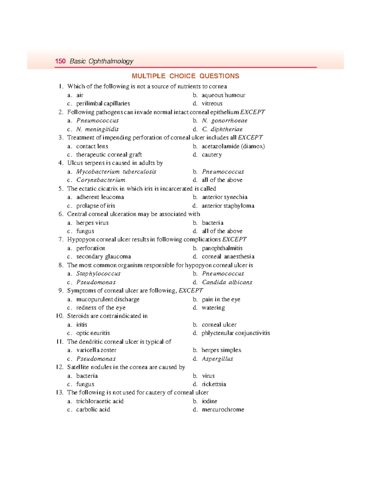 Multiple choice questions of cornea - 150 Basic Ophthalmology MULTIPLE ...