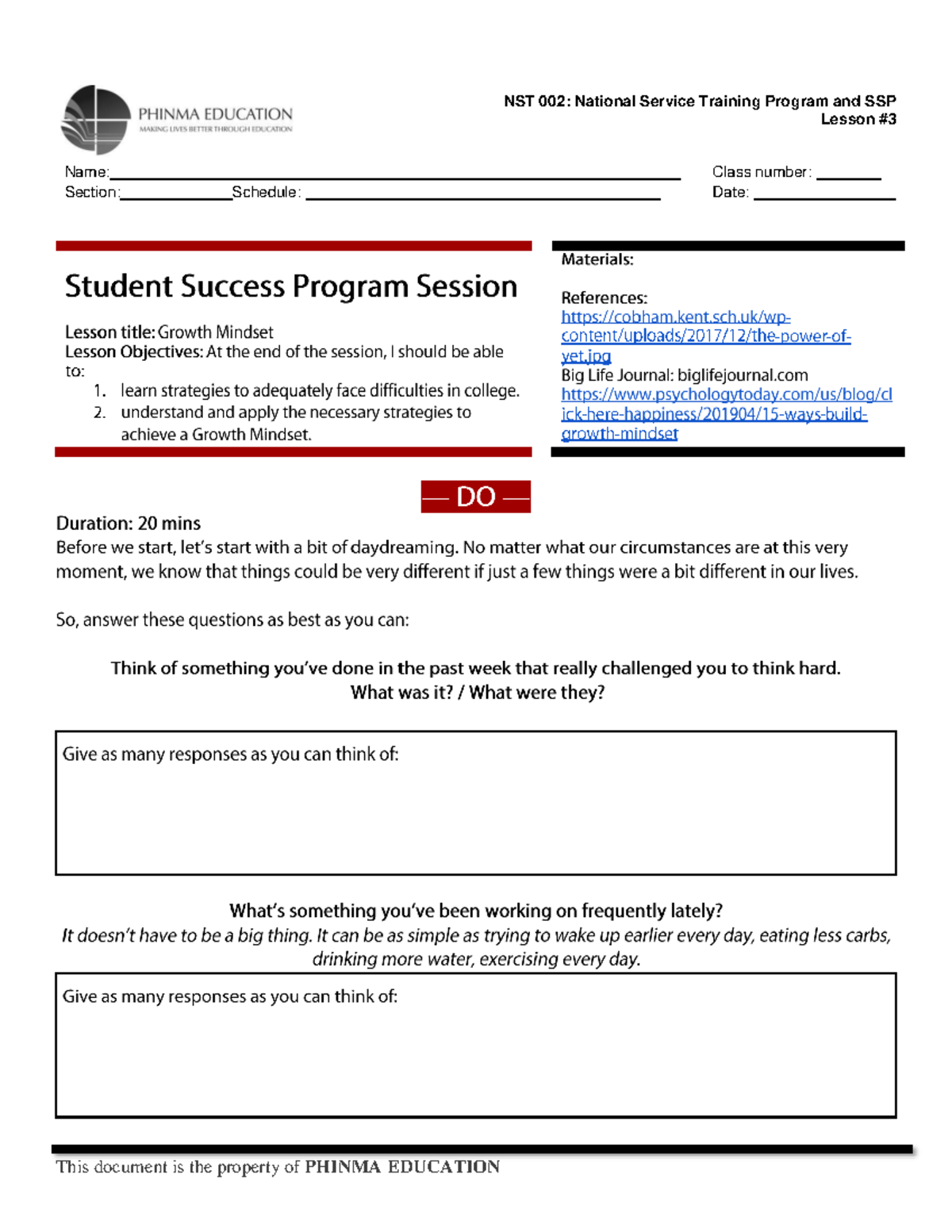 Lesson-3 - Lesson-3 - Lesson Name: Section: Schedule: Class number ...