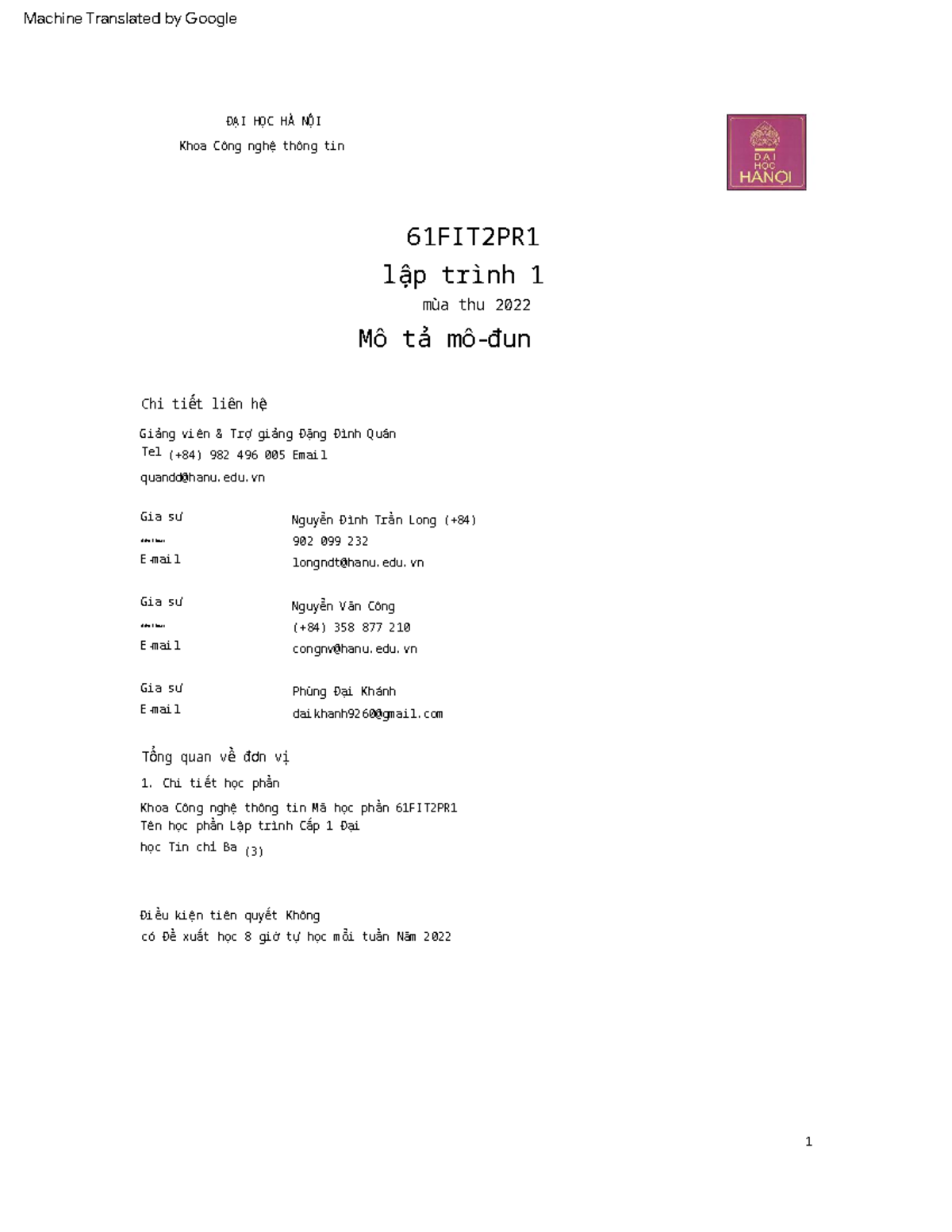 PR1 Module Description - Chi tiết liên hệ Tổng quan về đơn vị điện thoại Gia sư Điều kiện tiên ...