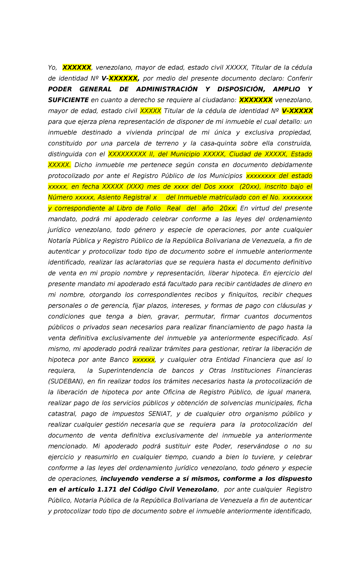 Modelo de poder general de venta - Yo, XXXXXX, venezolano, mayor de ...