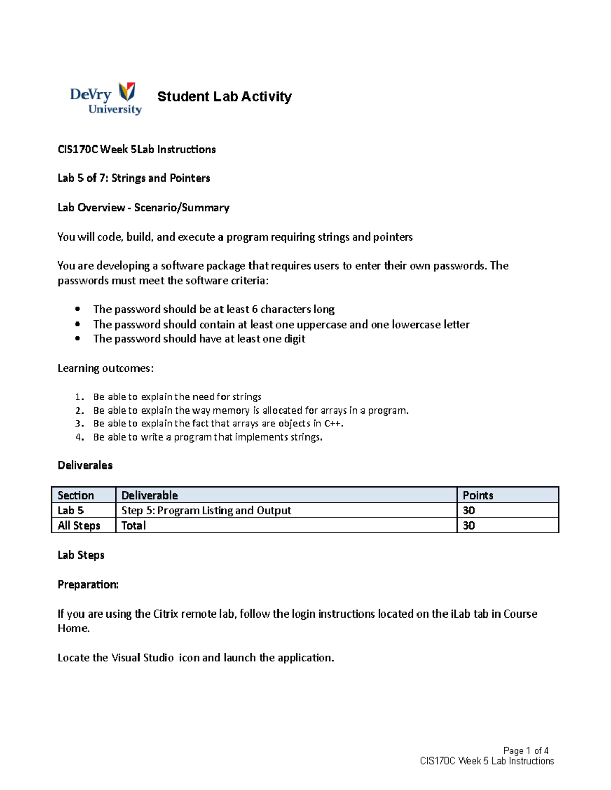 CIS170C W5 Lab Instructions - Student Lab Activity CIS170C Week 5Lab Instructions Lab 5 of 7 ...