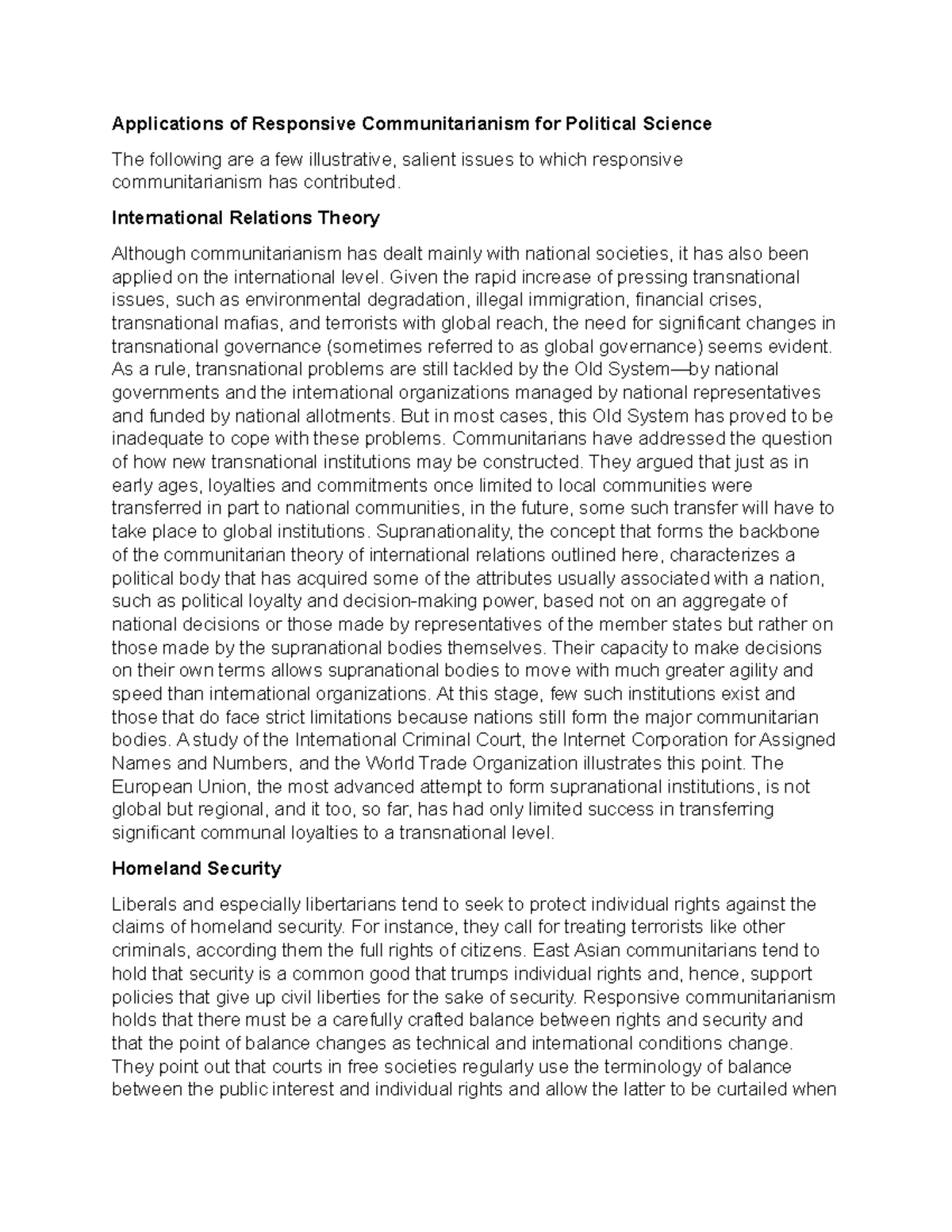 Applications of Responsive Communitarianism for Political Science ...