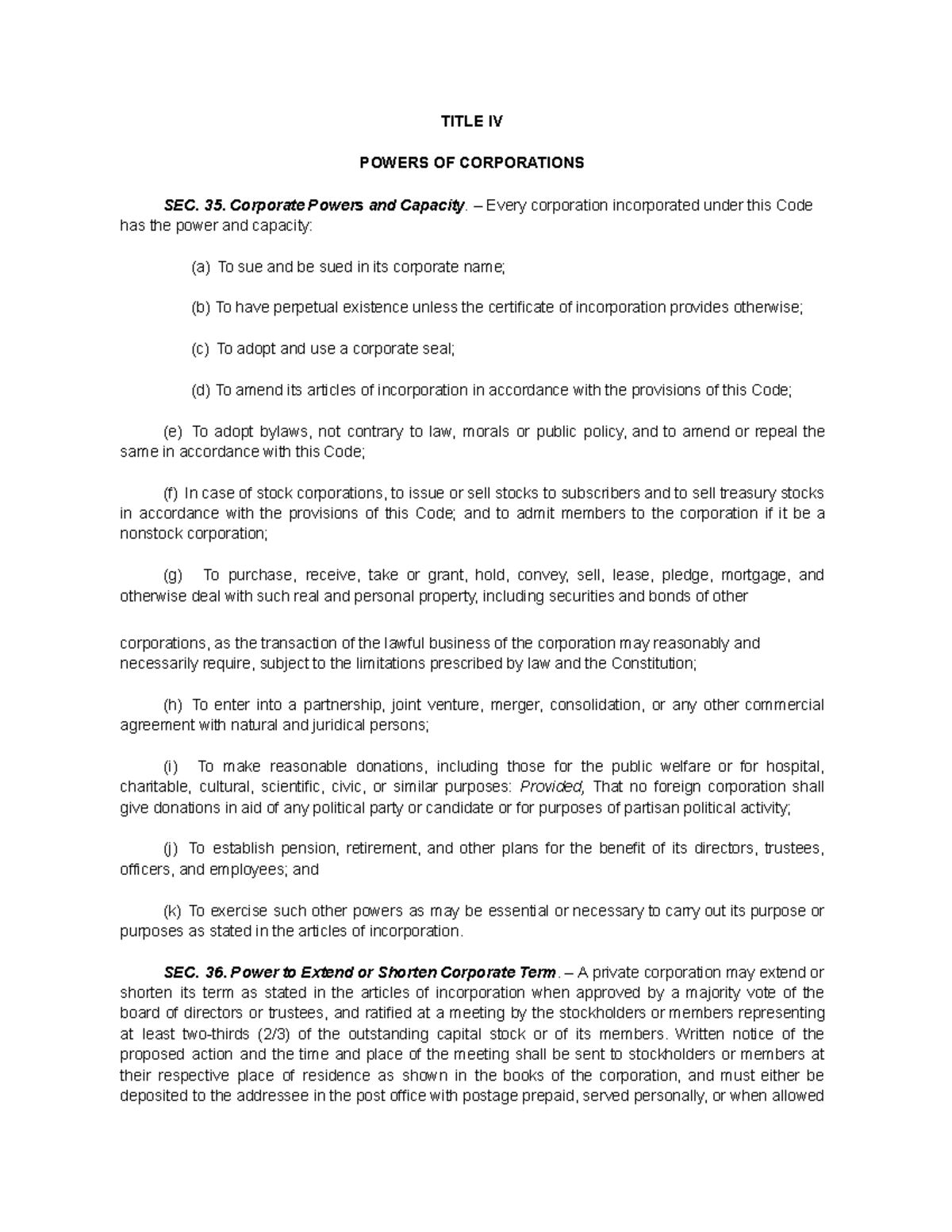 Title IV - Powers OF Corporations - TITLE IV POWERS OF CORPORATIONS SEC ...