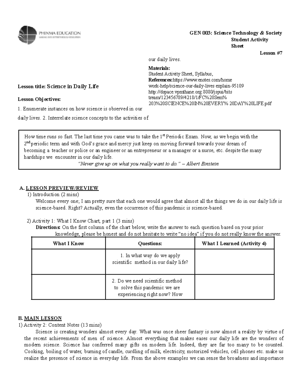 Lesson 7 SAS STS - GEN 003: Science Technology & Society Student ...