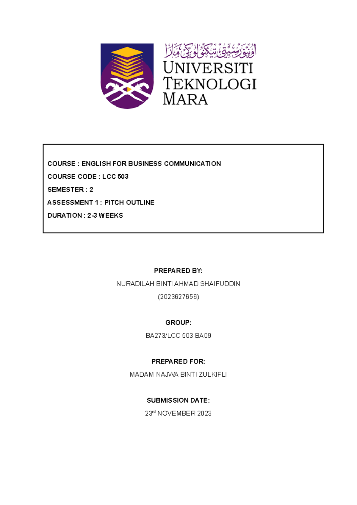 Business Pitch Final Outline - PREPARED BY: NURADILAH BINTI AHMAD ...